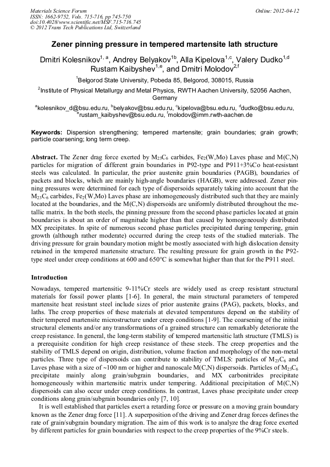 Zener Pinning Pressure in Tempered Martensite Lath Structure ...