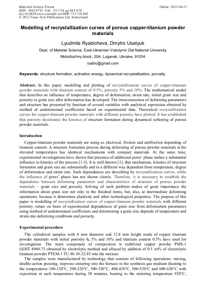Modelling of Recrystallization Curves of Porous Copper-Titanium Powder ...