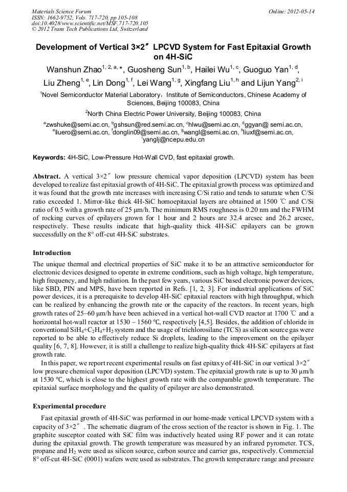 Development of Vertical 3×2〞LPCVD System for Fast Epitaxial Growth on 4H-SiC | Scientific.Net