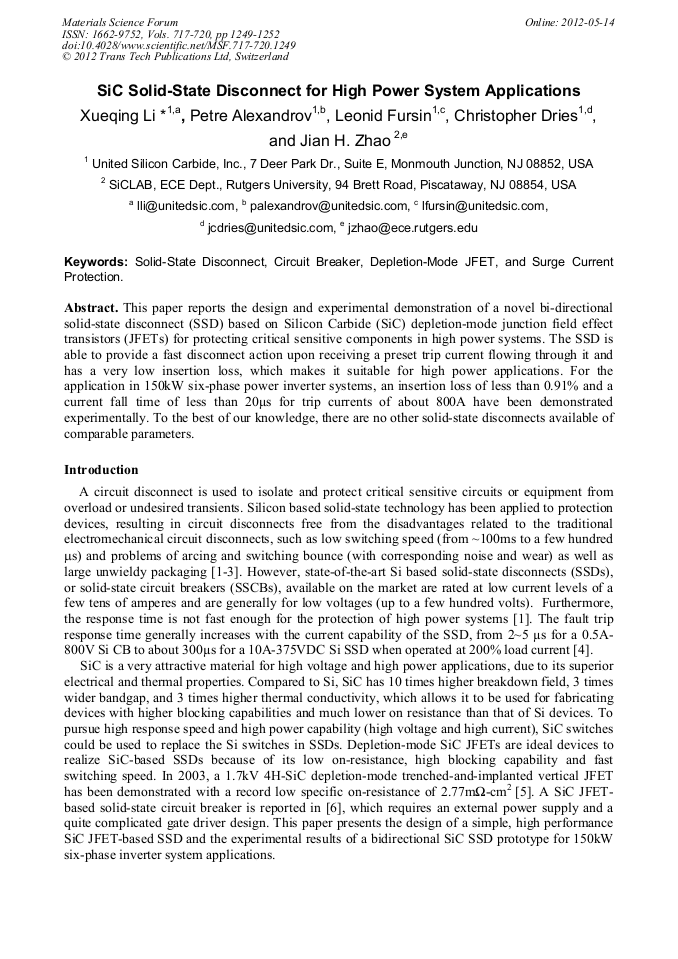 SiC Solid-State Disconnect for High Power System Applications ...