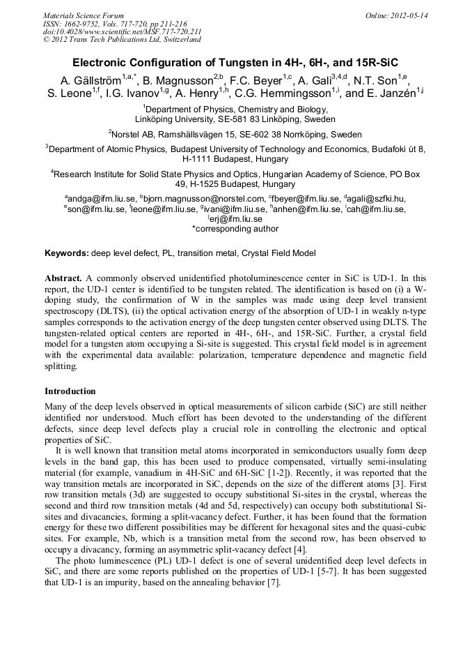Electronic Configuration of Tungsten in 4H-, 6H-, and 15R-SiC ...