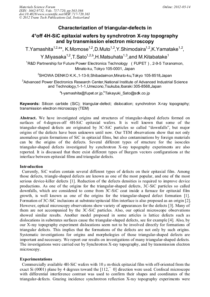 Characterization of Triangular-Defects in 4° off 4H-SiC Epitaxial ...
