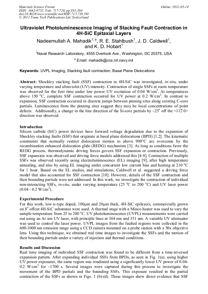 Ultraviolet Photoluminescence Imaging of Stacking Fault Contraction in ...