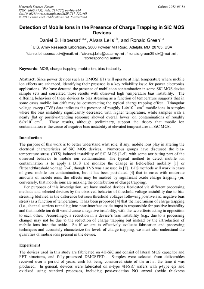Detection of Mobile Ions in the Presence of Charge Trapping in SiC MOS ...