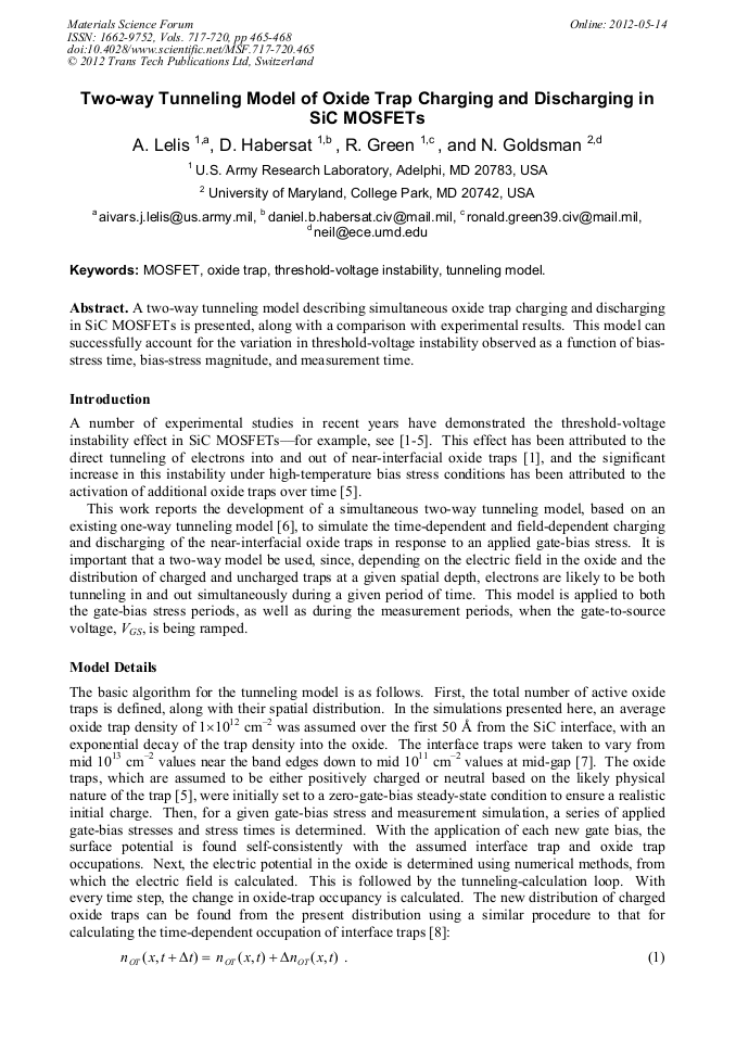 Two-Way Tunneling Model of Oxide Trap Charging and Discharging in SiC ...