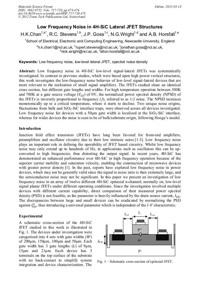 Low Frequency Noise in 4H-SiC Lateral JFET Structures | Scientific.Net