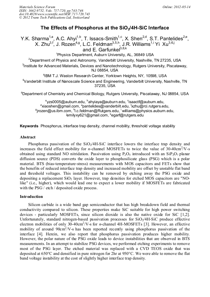The Effects of Phosphorus at the SiO2/4H-SiC Interface | Scientific.Net