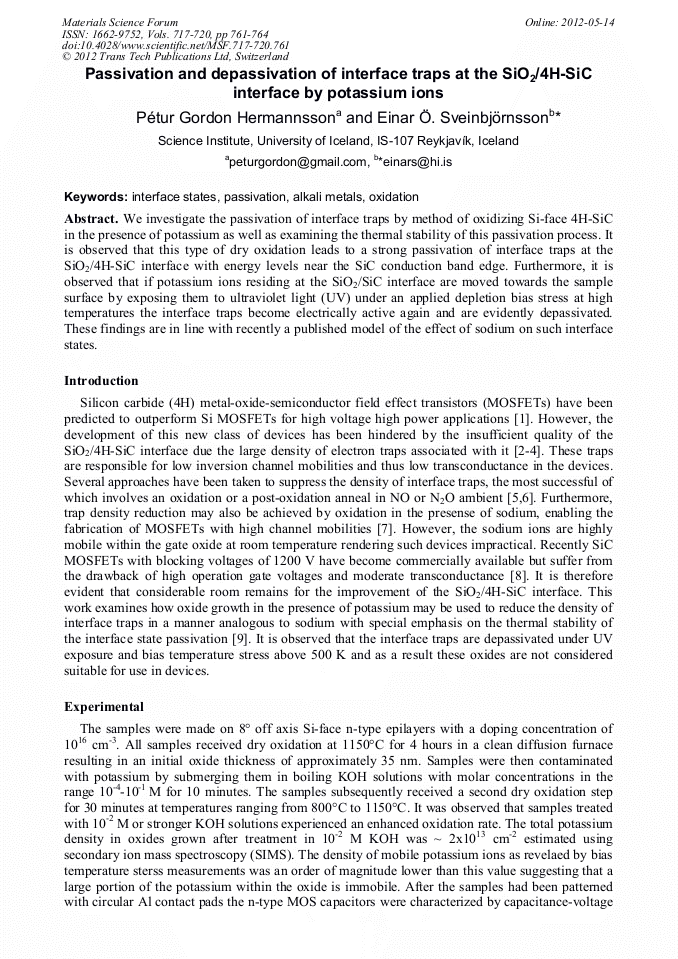 Passivation and Depassivation of Interface Traps at the SiO2/4H-SiC Interface by Potassium Ions ...