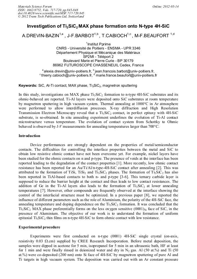 Investigation of Ti3SiC2 MAX Phase Formation onto N-Type 4H-SiC ...