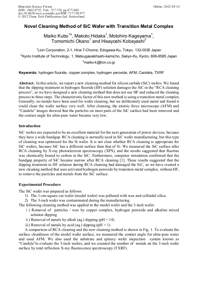 Novel Cleaning Method of SiC Wafer with Transition Metal Complex ...