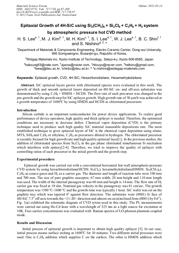 Epitaxial Growth of 4H-SiС Using Si2(CH3)6+Si2Cl6+C3H8+H2 System by ...