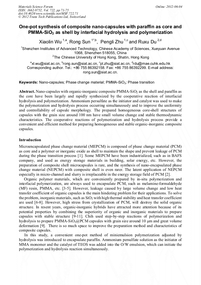 One-Pot Synthesis of Composite Nano-Capsules with Paraffin as Core and ...