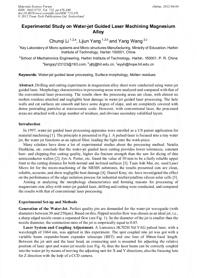 Experimental Study on Water-Jet Guided Laser Machining Magnesium Alloy ...