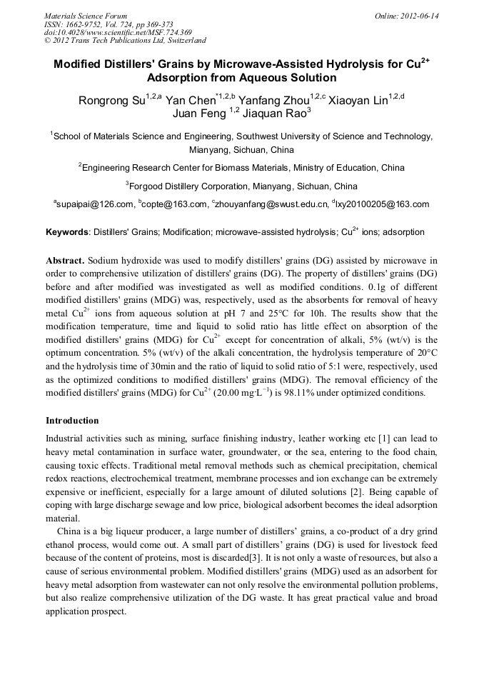 Modified Distillers' Grains by Microwave-Assisted Hydrolysis for Cu2 ...