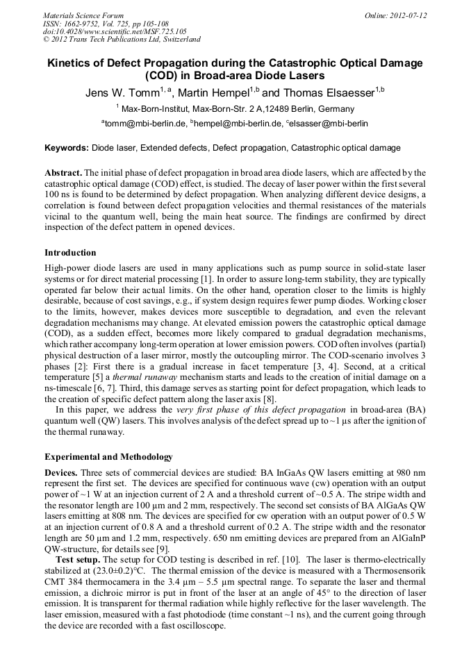 Kinetics of Defect Propagation during the Catastrophic Optical Damage ...