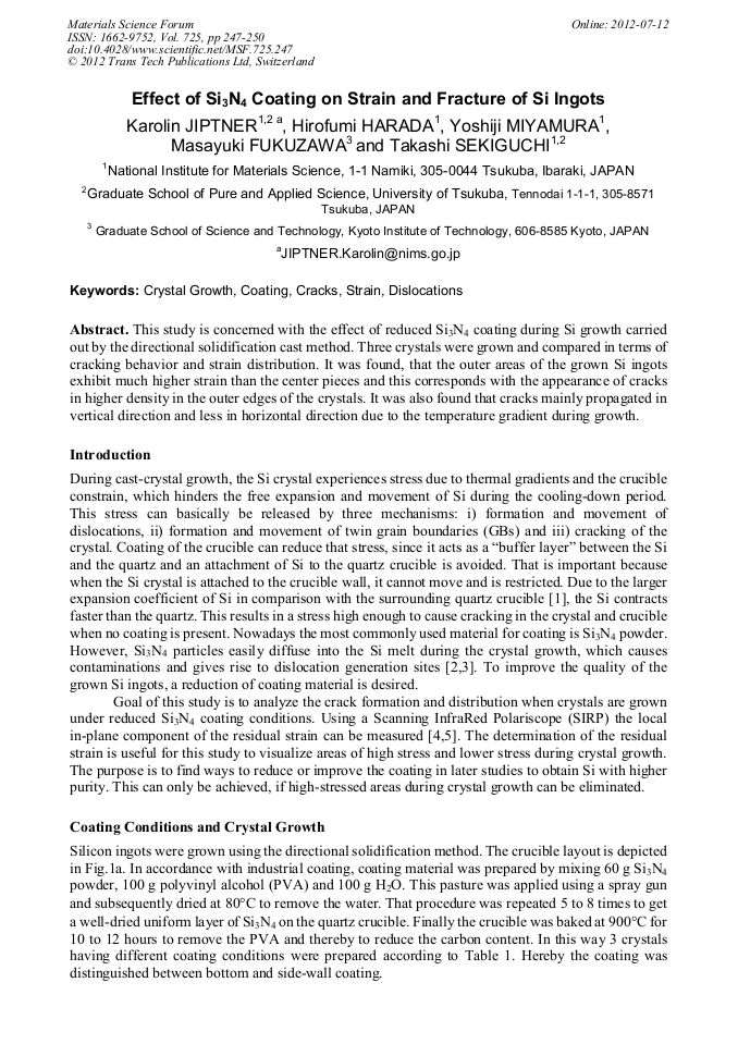 Effect of Si3N4 Coating on Strain and Fracture of Si Ingots ...