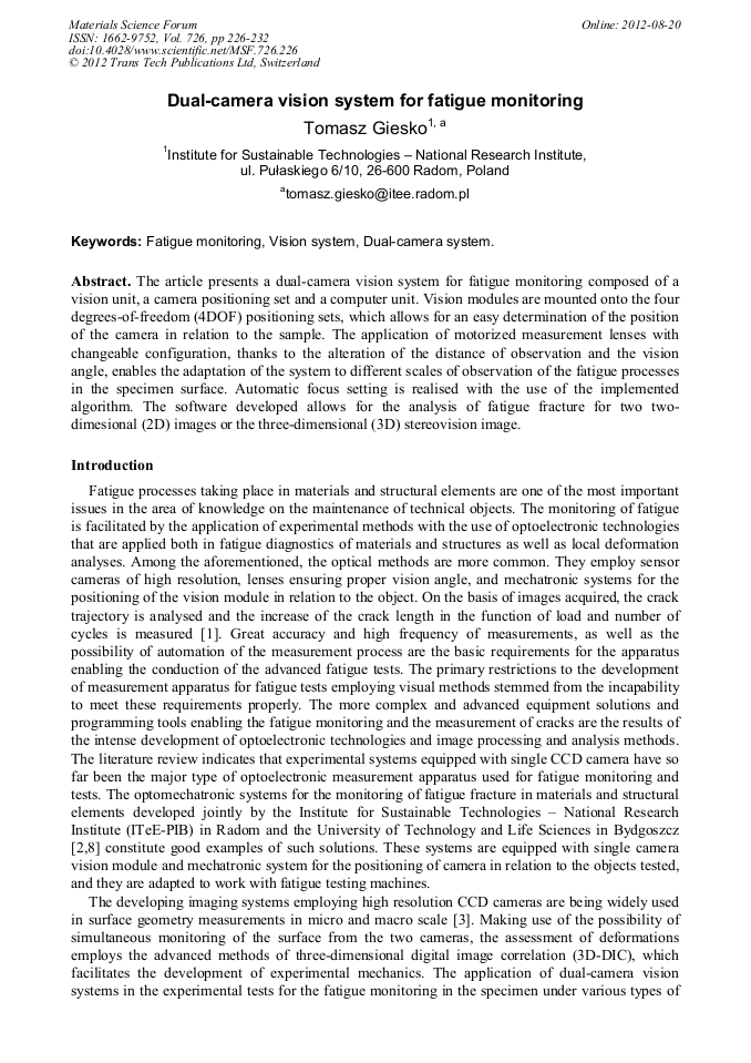 Dual-Camera Vision System for Fatigue Monitoring | Scientific.Net
