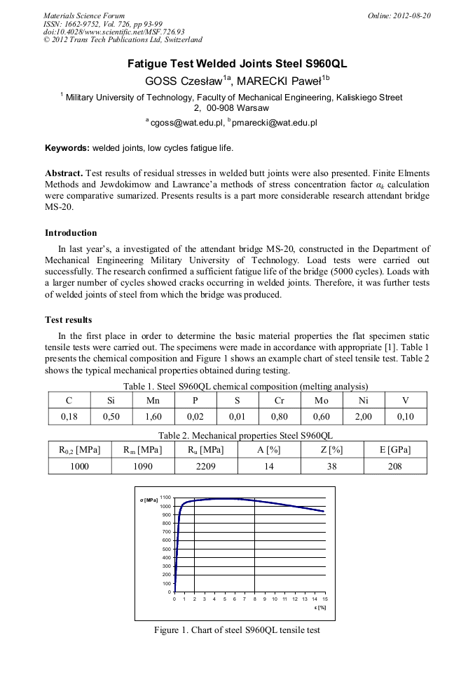 Fatigue Test Welded Joints Steel S960QL | Scientific.Net