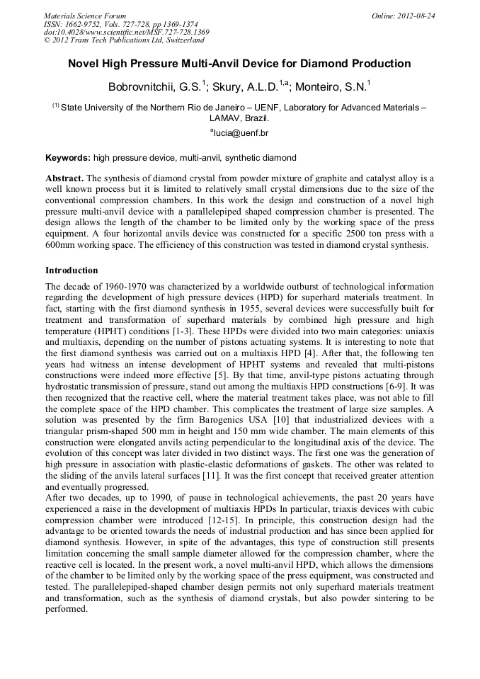 Novel High Pressure Multi-Anvil Device for Diamond Production ...