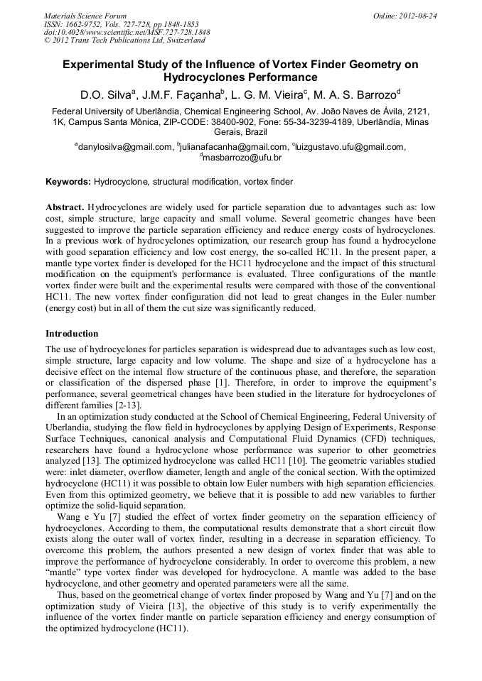 Experimental Study of the Influence of Vortex Finder Geometry on ...