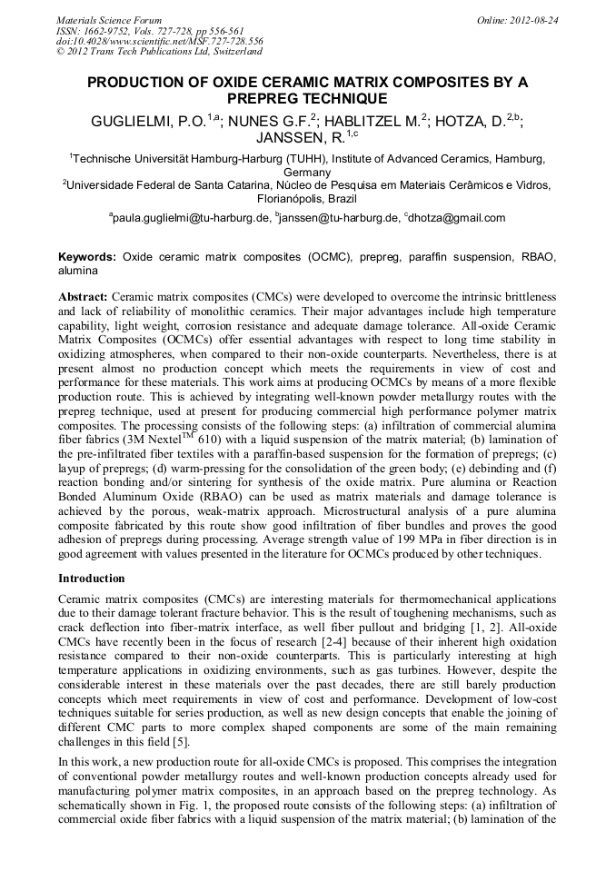 Production of Oxide Ceramic Matrix Composites by a Prepreg Technique ...