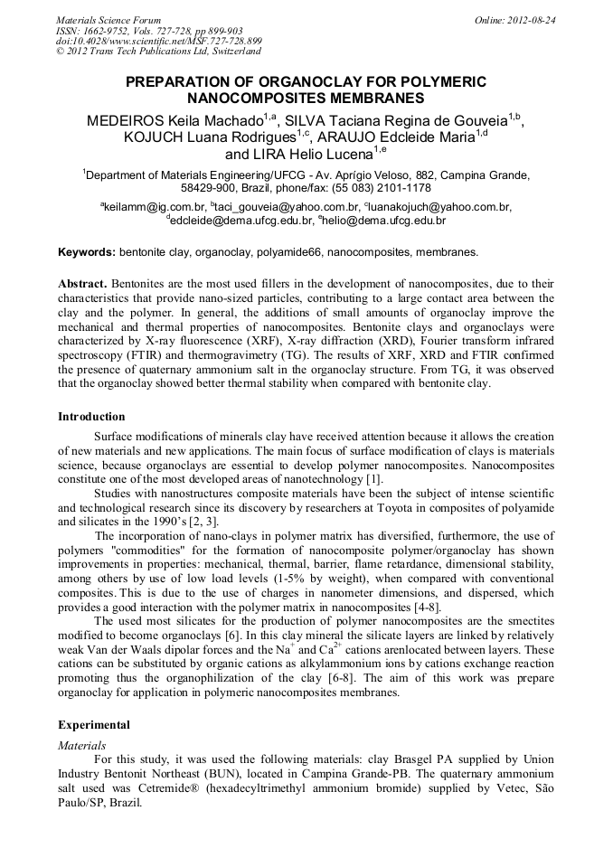 Preparation of Organoclay for Polymeric Nanocomposites Membranes ...