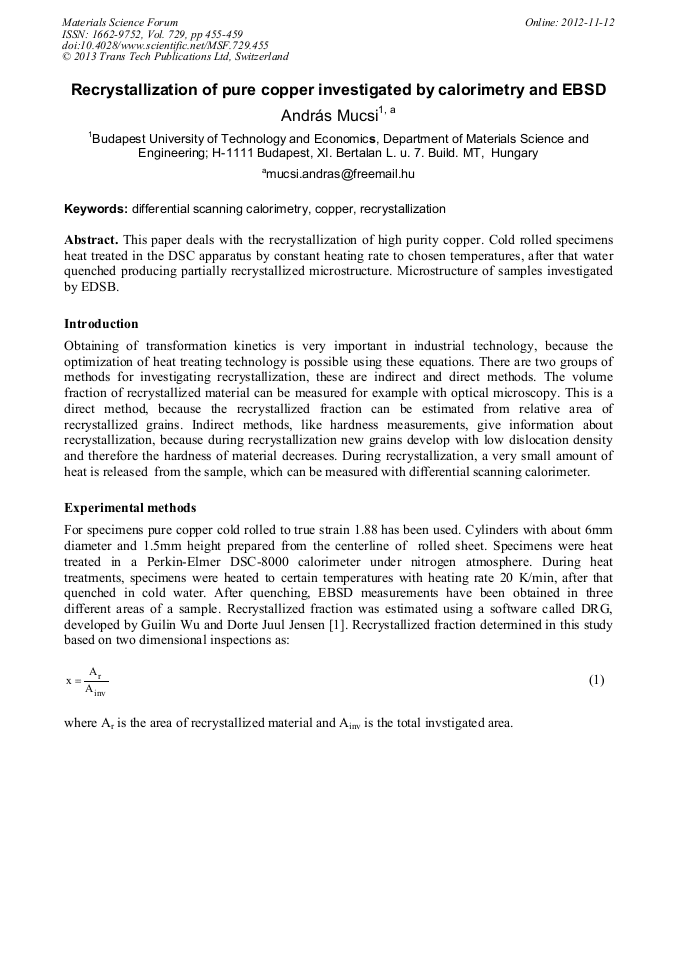 Recrystallization of Pure Copper Investigated by Calorimetry and EBSD ...