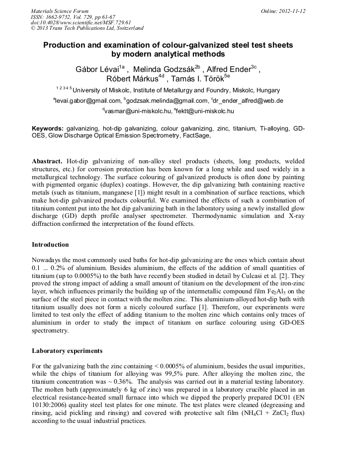 Production and Examination of Colour-Galvanized Steel Test Sheets by ...