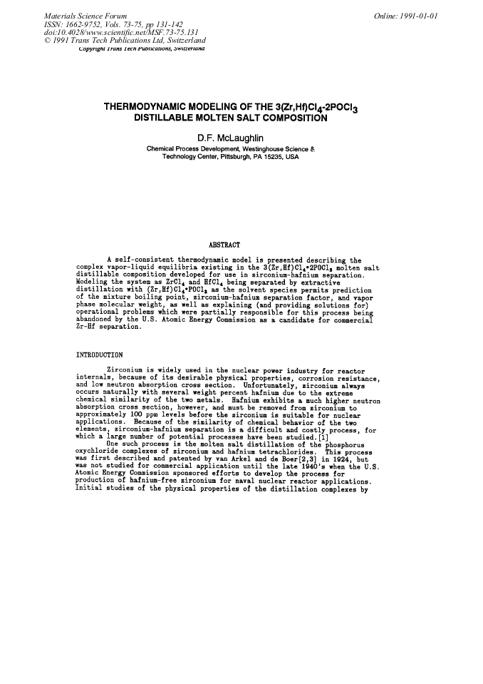 Thermodynamic Modeling of the 3(Zr,Hf)Cl4-2POCl3 Distillable Molten ...