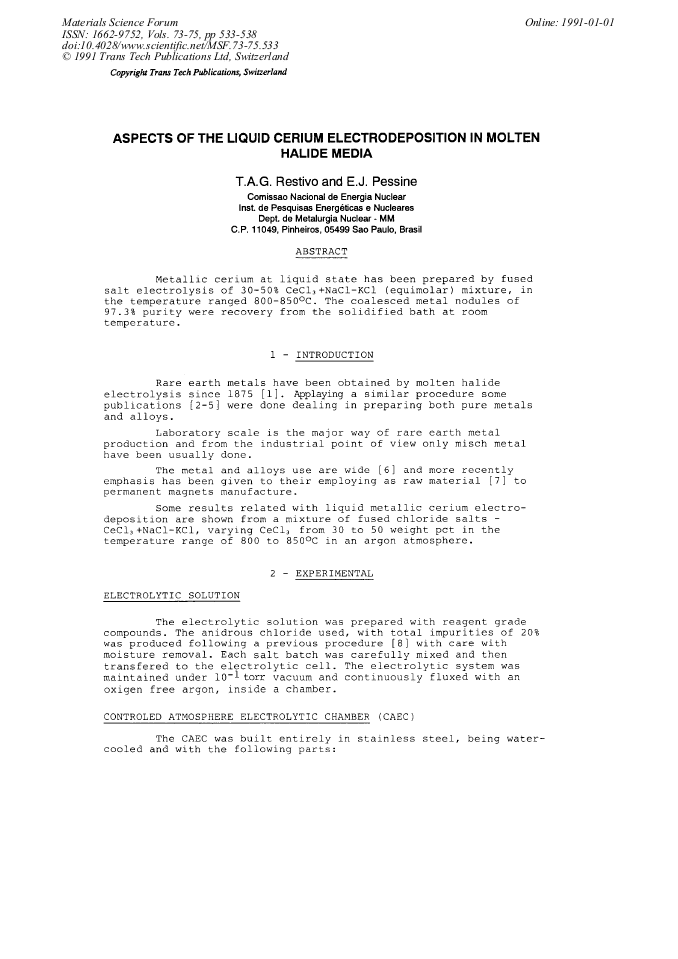 Aspects of the Liquid Cerium Electrodeposition in Molten Halide Media ...