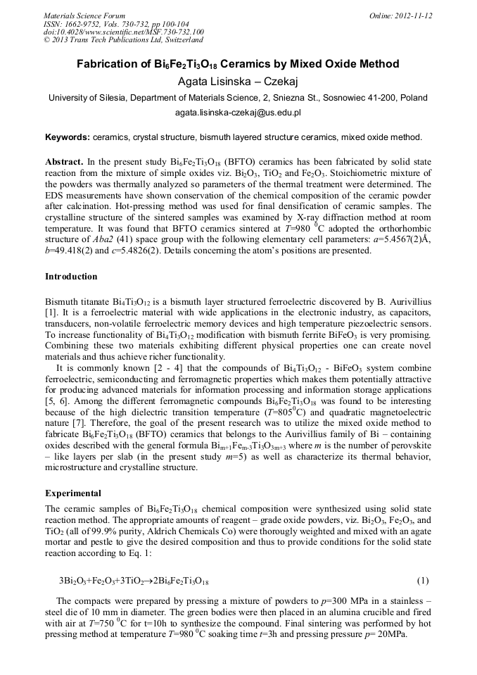 Fabrication of Bi6Fe2Ti3O18 Ceramics by Mixed Oxide Method | Scientific.Net