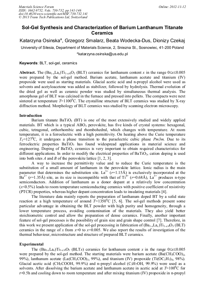 Sol-Gel Synthesis and Characterization of Barium Lanthanum Titanate Ceramics | Scientific.Net