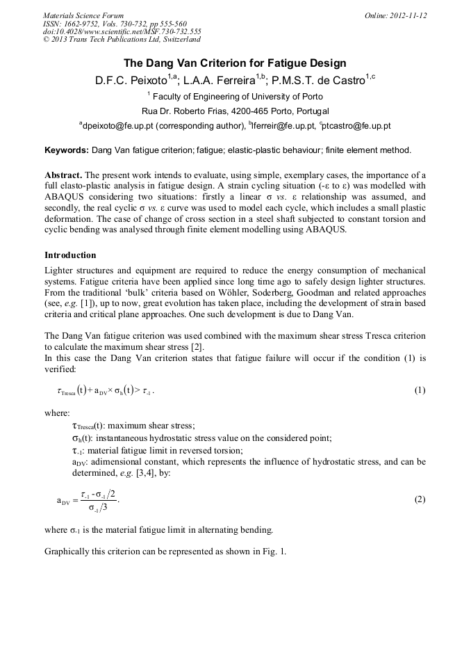 The Dang Van Criterion for Fatigue Design | Scientific.Net
