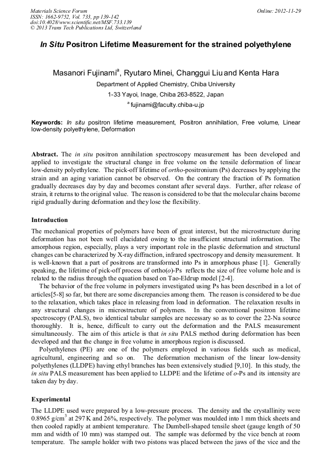 In Situ Positron Lifetime Measurement for the Strained Polyethylene ...
