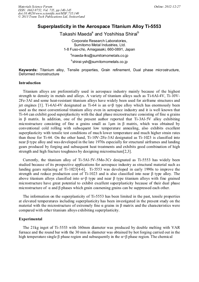 Superplasticity in the Aerospace Titanium Alloy Ti-5553 | Scientific.Net