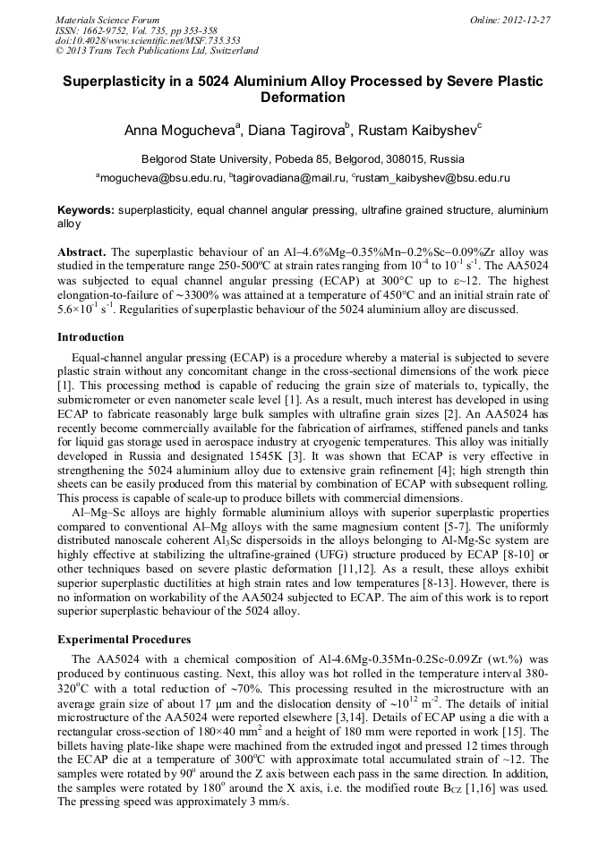 Superplasticity in a 5024 Aluminium Alloy Processed by Severe Plastic ...