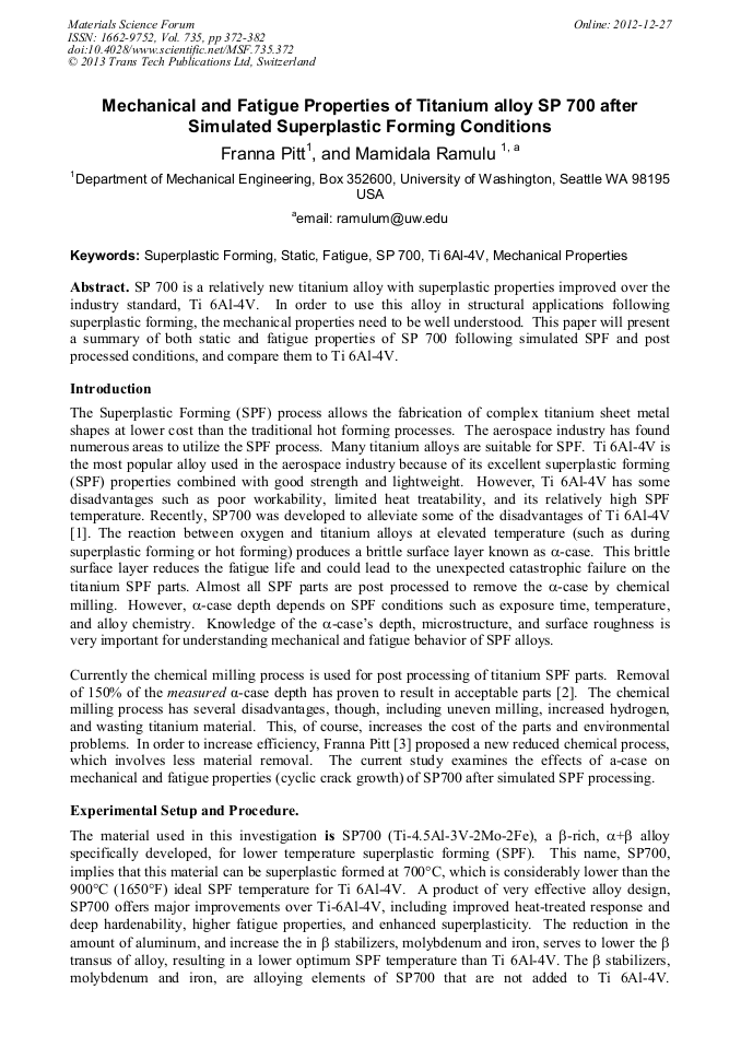 Mechanical and Fatigue Properties of Titanium Alloy SP 700 after ...