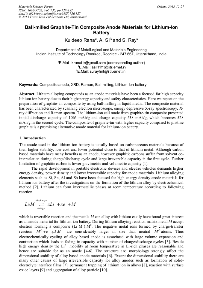 Ball-Milled Graphite-Tin Composite Anode Materials for Lithium-Ion ...