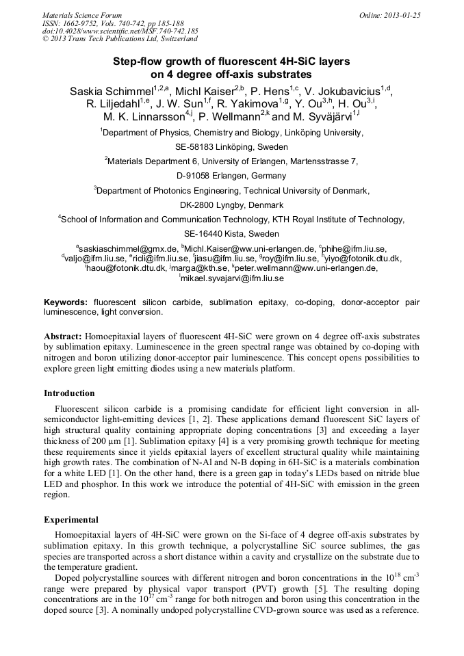 Step-Flow Growth of Fluorescent 4H-SiC Layers on 4 Degree Off-Axis ...