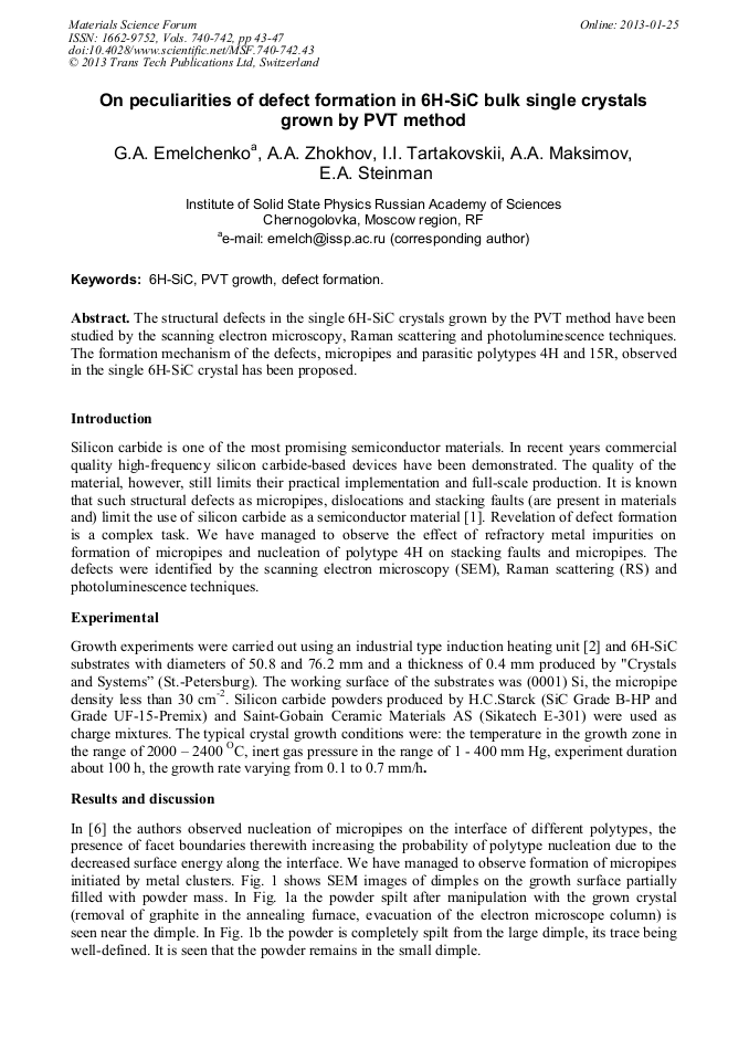 On Peculiarities of Defect Formation in 6Н-SiC Bulk Single Crystals ...