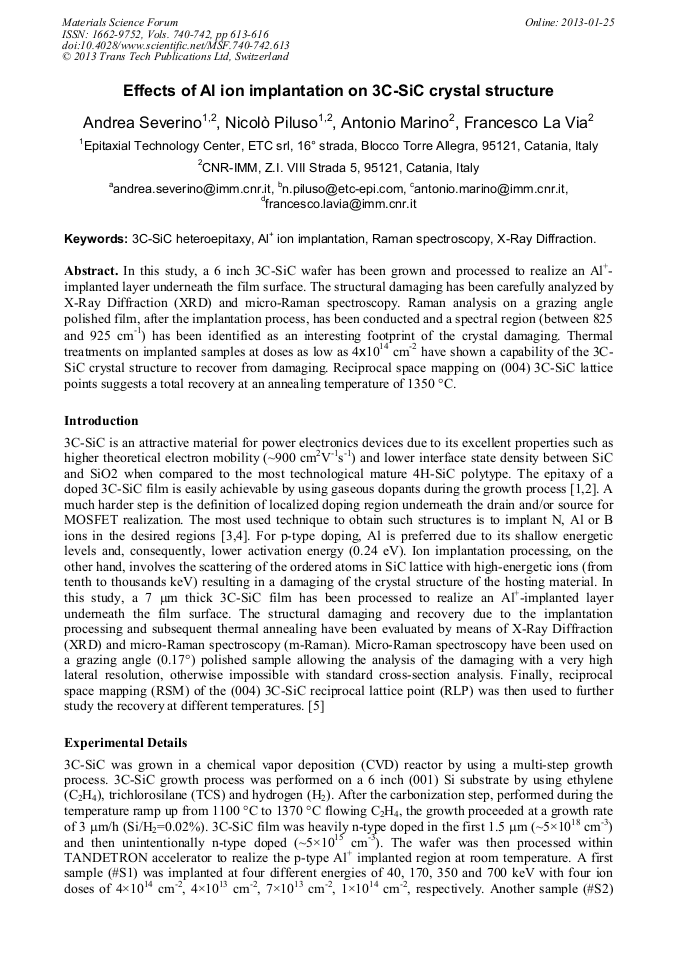 Effects of Al Ion Implantation on 3C-SiC Crystal Structure | Scientific.Net