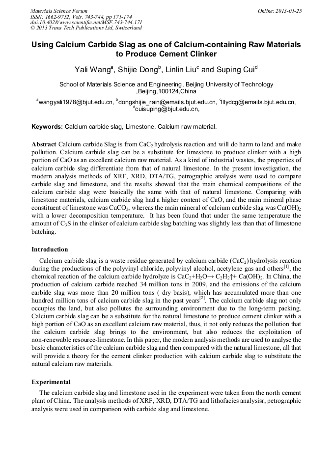 Using Calcium Carbide Slag as One of Calcium-Containing Raw Materials ...
