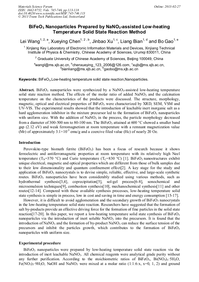 BiFeO3 Nanoparticles Prepared by NaNO3-Assisted Low-Heating Temperature ...