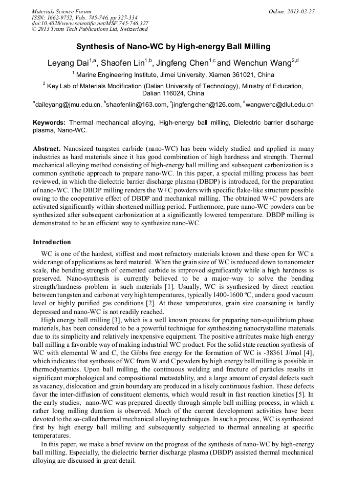 Synthesis of Nano-WC by High-Energy Ball Milling | Scientific.Net