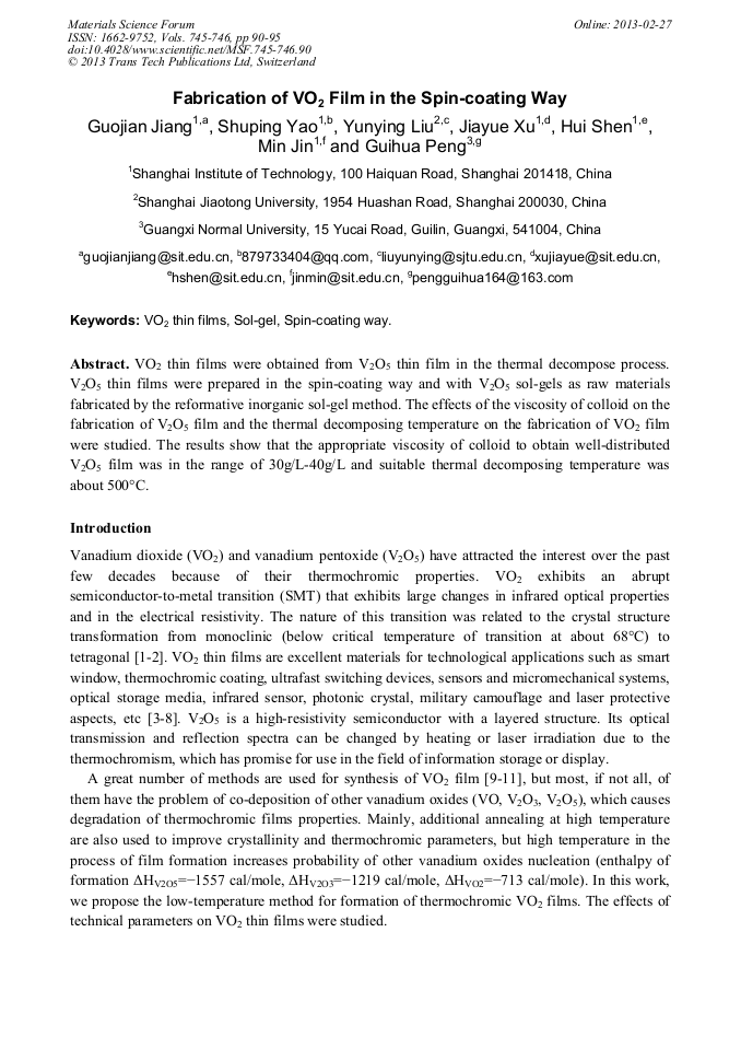 Fabrication of VO2 Film in the Spin-Coating Way | Scientific.Net