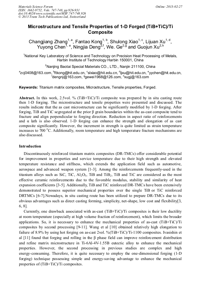 Microstructure and Tensile Properties of 1-D Forged (TiB+TiC)/Ti ...