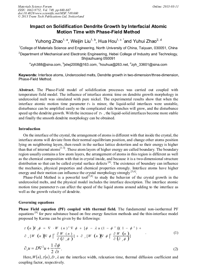 Impact on Solidification Dendrite Growth by Interfacial Atomic Motion ...