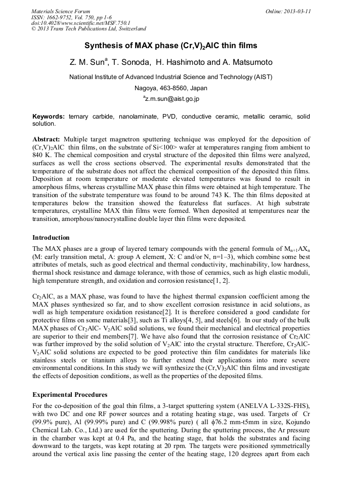 Synthesis of MAX Phase (Cr,V)2AlC Thin Films | Scientific.Net