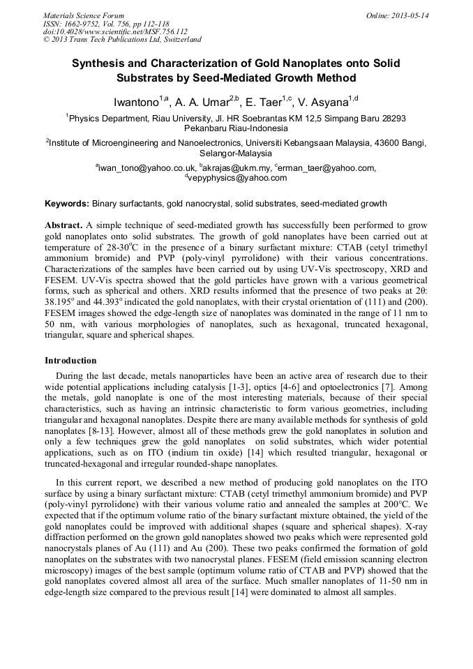Synthesis and Characterization of Gold Nanoplates onto Solid Substrates ...