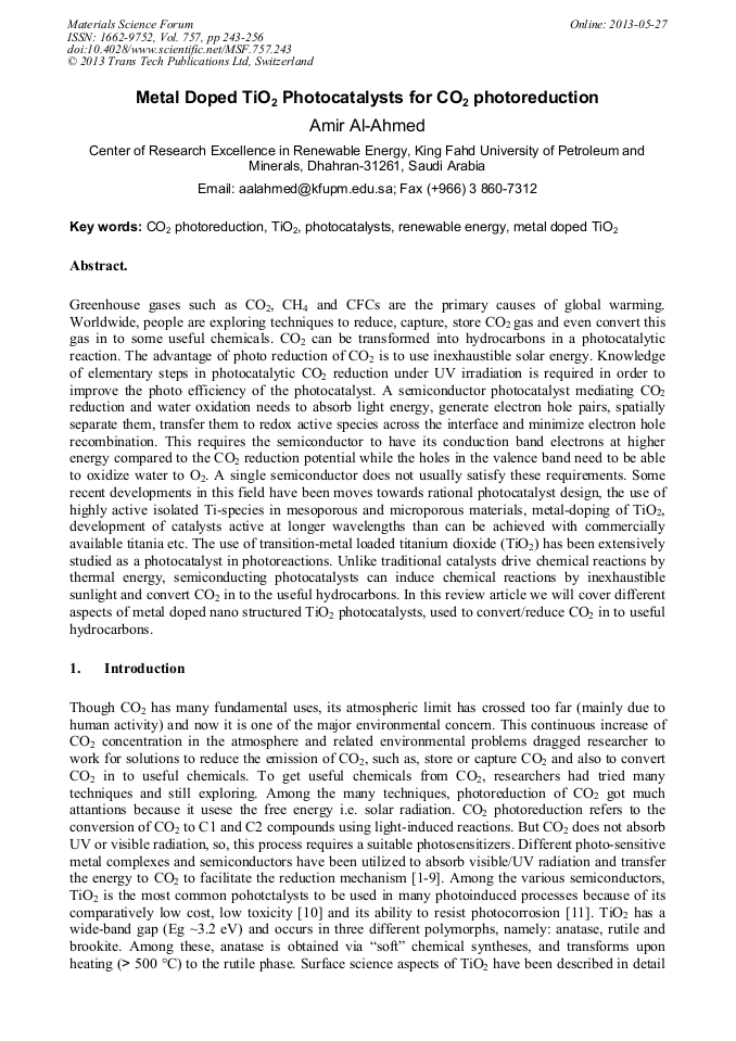 Metal Doped TiO2 Photocatalysts for CO2 Photoreduction | Scientific.Net